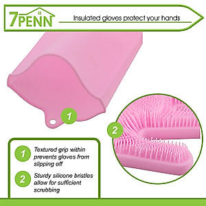 7Penn Reusable Dishwashing Gloves with Scrubber Bristles, Pink - Silicone Scrub Dish Cleaning Gloves for Men and Women