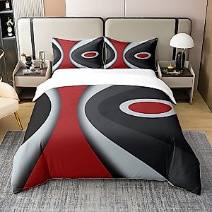 jejeloiu Modern Abstract Duvet Cover 100% Cotton Queen Size Red Stripes Gray Black White Bedding Cotton Duvet Cover Set Acrylic Bold Grey Comforter Cover Set