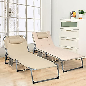 Tangkula 4-Position Folding Chaise Lounge Chair, Tri-Fold Portable Chaise Lounge Chair with Mattress, Pillow, Side Pocket, 330 LBS Reclining Lounge Chair for Beach, Home, Pool, Camping (1, Beige)