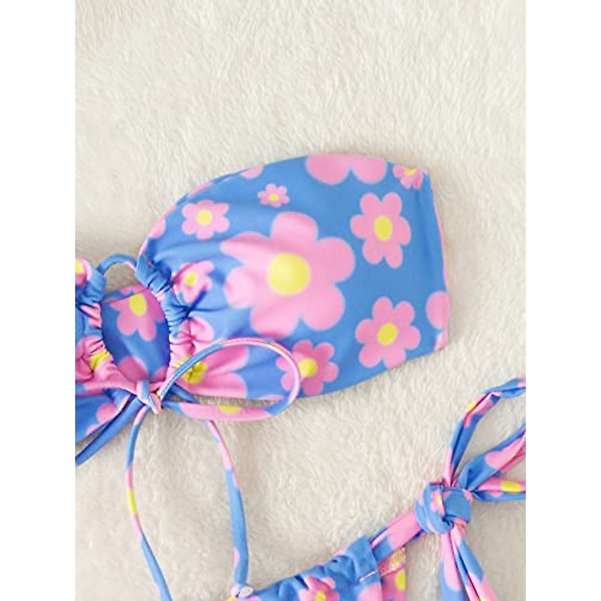 WDIRARA Women's Cutout Print Bandeau Top and Tie Side Bikini Set 2 Piece Sexy Swimsuits Blue Pink S