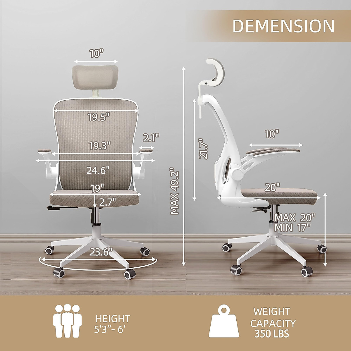 Monhey Adjustable Ergonomic Office Chair – Lumbar Support, 2D Armrests, Heavy-Duty Metal Base, Comfortable Khaki Design