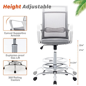 AFO Mid-Back Mesh Tall Office Drafting Stool Chairs with Armrest for Standing Desk, Grey
