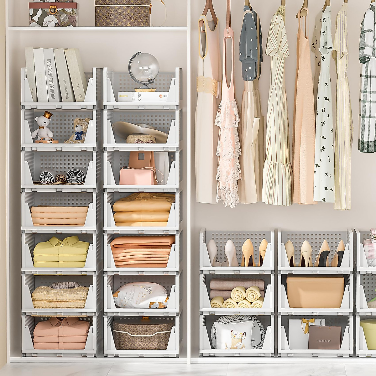 Neprock Stackable Plastic Storage Drawers for Closet Organizers and Storage,4 Pack Open Storage Bins Closet Shelf Clothes Organizer for Closet Wardrobe(4L)