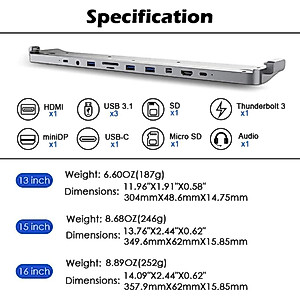 USB C Hub,10-in-2 USB C Adapter for MacBook Pro 16 inch (2017-2022) with 4K HDMI miniDP, 3 USB 3.0 Ports, SD/TF Cards Reader, 100W Power Delivery Thunderbolt 3 Dock, 3.5mm Audio, Space Grey