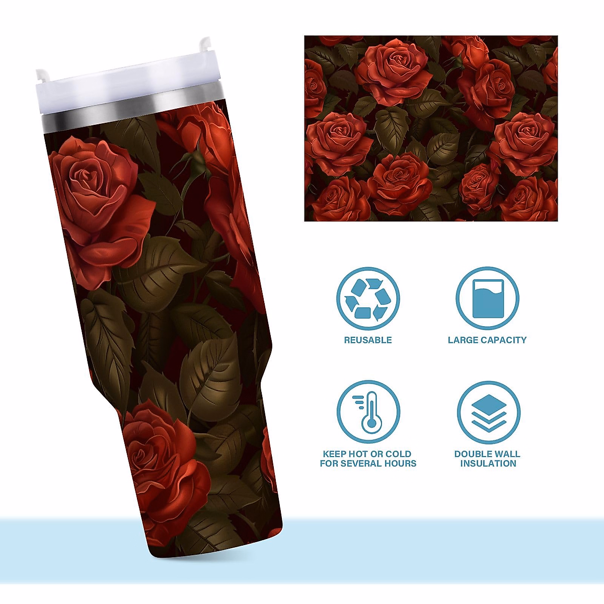ALAZA Dark Red Rose Flowers 40 oz Tumbler Stainless Steel Water Bottle Vacuum Insulated Cup with Straw Lid & Handle For Travel Car Cup Holder