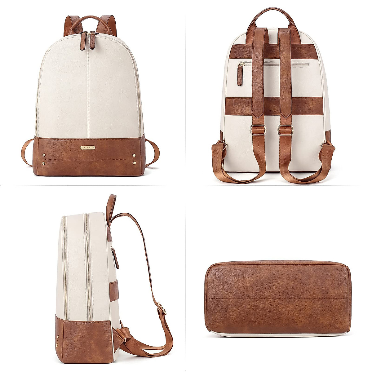 CLUCI Women Leather Laptop Backpack Purse 15.6 inch Computer Backpack Business Casual Travel Daypack College Bag Off-white with brown