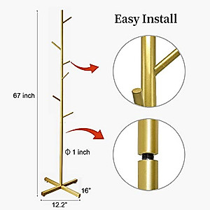 Jolitac Modern Metal Coat Rack in Gold Free Standing 7 Hooks Hall Tree in Corner, Hat Hanger & Coat Racks Stand Entryway Organizer for Clothes, Bags, Umbrella (Golden)