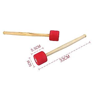 AUEAR, 2 Pack Bass Drum Mallets Sticks Red Foam Mallet with Wood Handle for Percussion