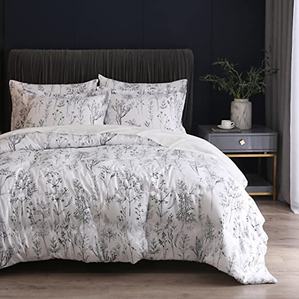 HYPREST Floral Duvet Cover King Size, White and Black Duvet Cover, 3 Pcs Farmhouse Leaf King Duvet Cover Soft Breathable Lightweight Shabby Chic Bedding Duvet Covers (Oeko-Tex Certificated)