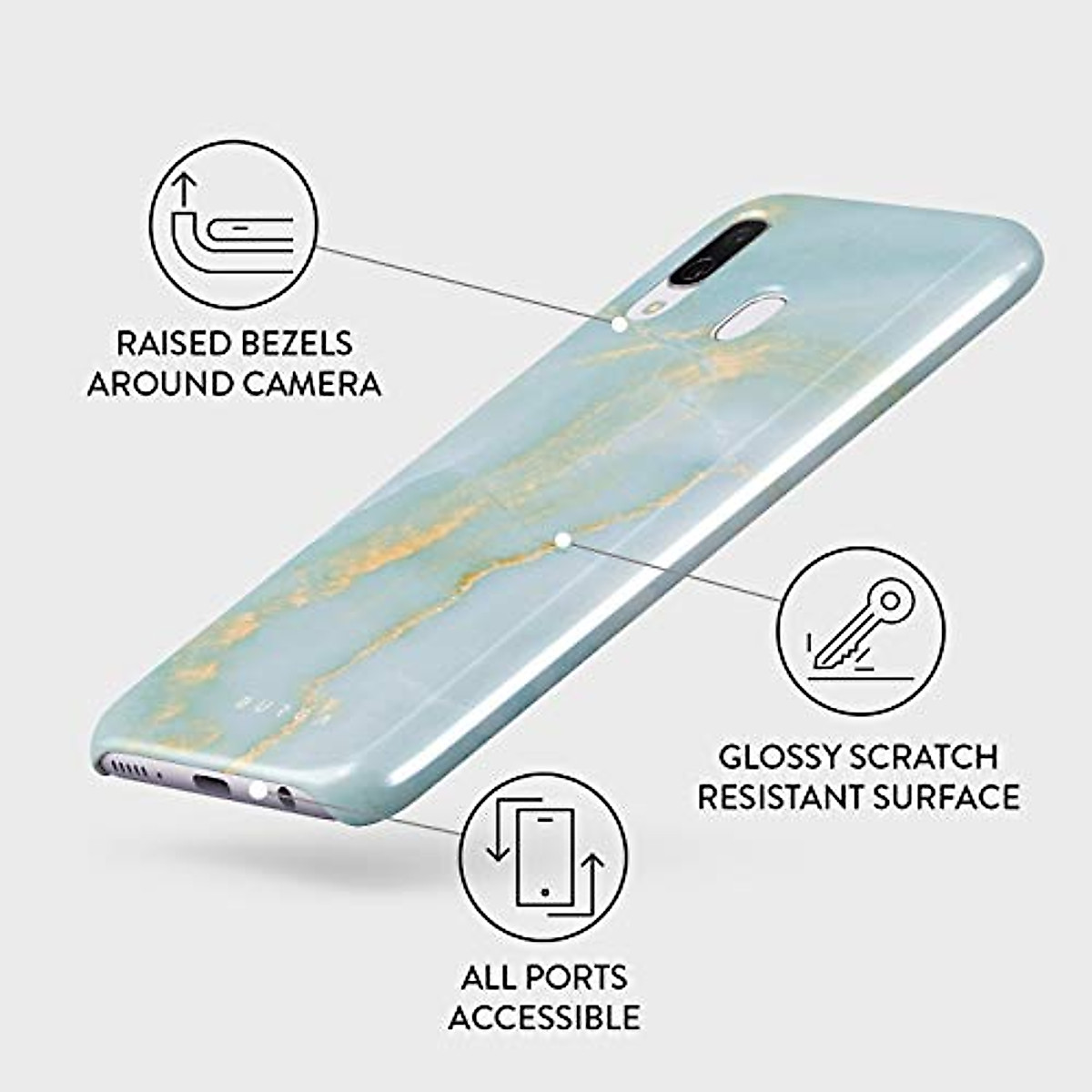 BURGA Phone Case Compatible with Samsung Galaxy A40 - Sky Blue Mint Green Gold Dusts Marble Turquoise Azure Ocean Cute Case for Women Thin Design Durable Hard Plastic Protective Case