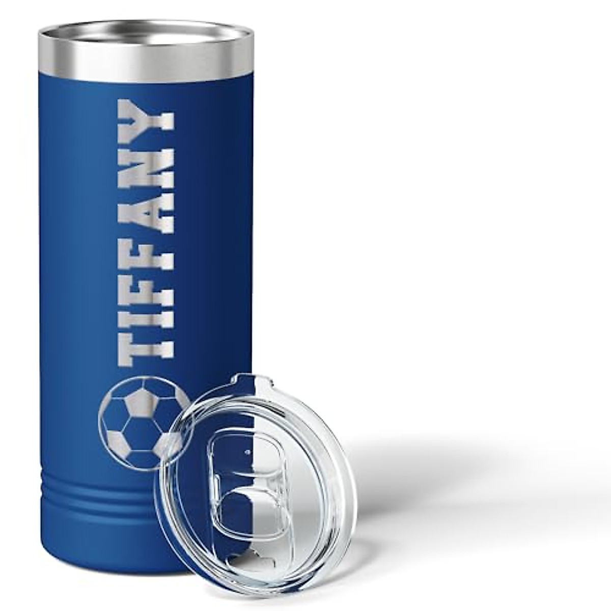 Personalized Soccer Ball Tumbler with Lid Laser Engraved on Blue 22 oz Stainless Steel Insulated Cup Birthday Gift for Men, Women, Sports Lover