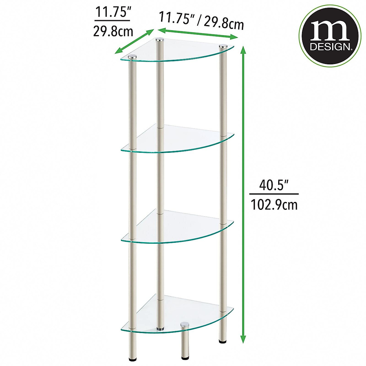 mDesign Modern Glass Corner 4-Tier Storage Organizer Tower Cabinet with Open Shelves - Display Furniture for Bathroom, Office, Bedroom, Living Room - Holds Books, Plants, Candles - Satin/Clear