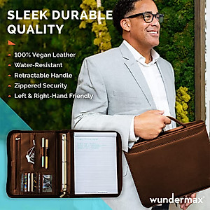 Wundermax 13x10.7x1.9in Vegan Leather Padfolio for Men/Women with Handle, Zipper, Notepad, Detachable Binder, Tablet Pocket - Brown
