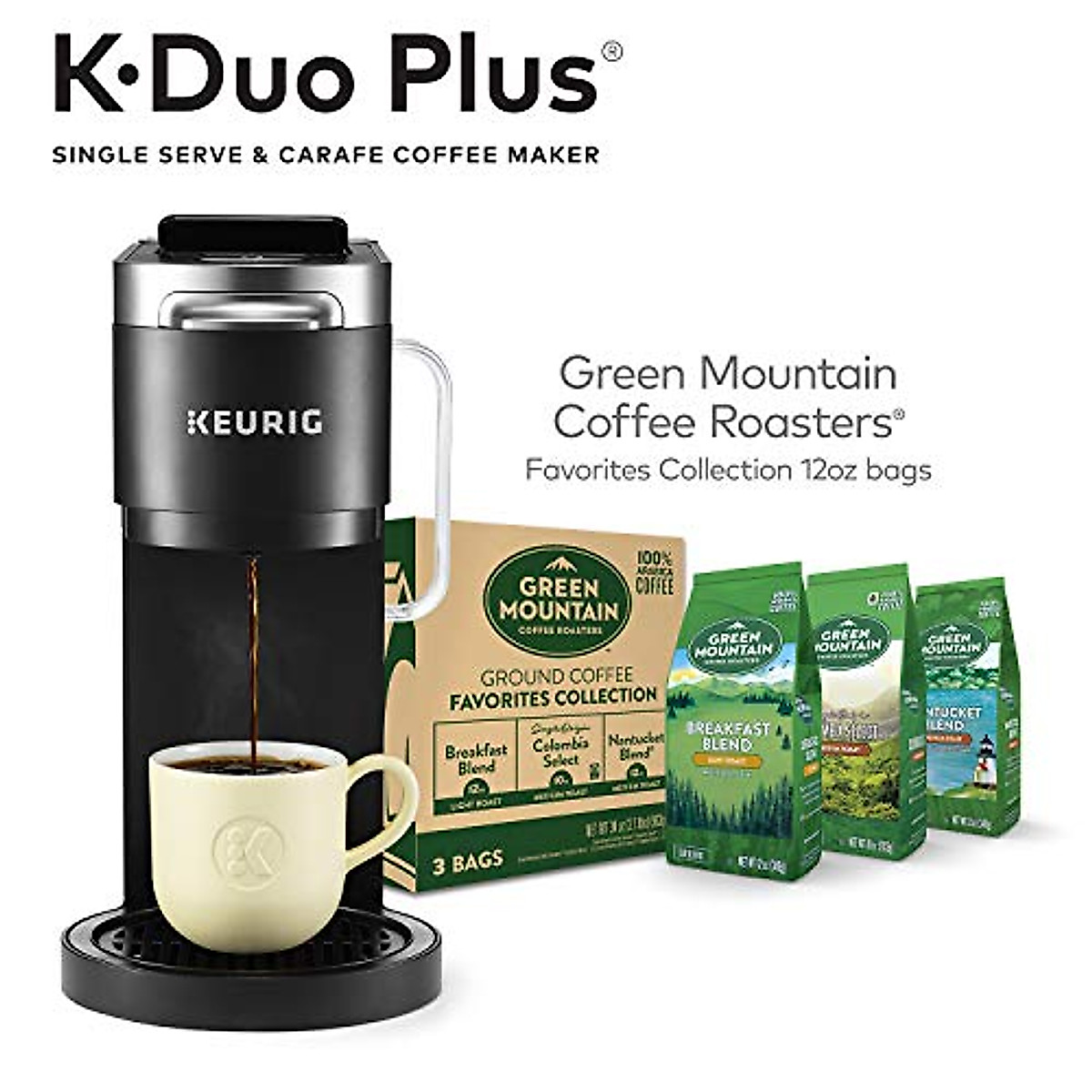 Keurig K-Duo Plus Coffee Maker, Single Serve K-Cup Pod and 12 Cup Carafe Brewer, with Green Mountain Ground Coffee Favorites Collection, 12 oz Bagged, 3 Count