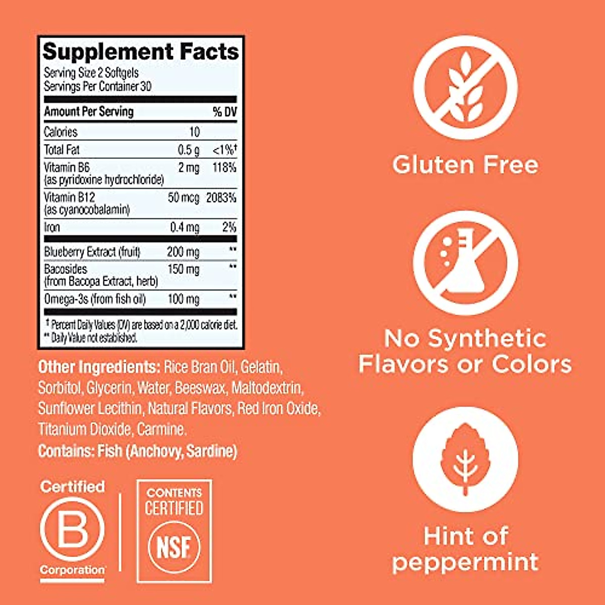 OLLY Ultra Strength Brain Softgels, Nootropic, Supports Healthy Brain Function, Memory, Focus and Concentration, Omega-3s, Vitamins B6 and B12, 30 Day Supply - 60 Count