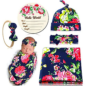 Yahenda 5 Pieces Baby Newborn Receiving Blanket with Headband Hat Set and Personalized Wood Birth Announcement Card Flower Print Baby Swaddle Receiving Blankets