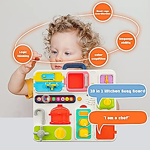 Kitchen Busy Board with Music and Lights, Toddler Travel Toys for Babies 18+ Months, Montessori Busy Board Educational Learning Activities Fine Motor Skills & Kitchen Cognition Game Board