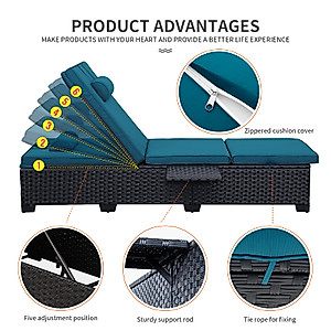 WAROOM Outdoor Chaise Lounge Chairs for Outside Patio Furniture Set of 2 Wicker Recliner Black Rattan Double Reclining Pool Lounge Chair Adjustable Backrest Lounger with Peacock Blue Cushion