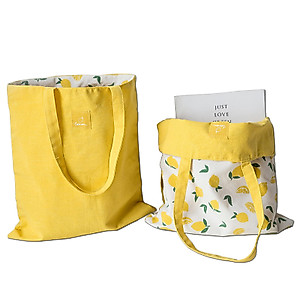 GOLD XIONG PADISHAH Double-Sided Canvas Tote Bag, Reusable Shopping Bag, Canvas Shoulder Bag, Fruit Pattern Canvas Tote Bag, Double Sided Durable Foldable Canvas Shopper Bags(Lemon Yellow)