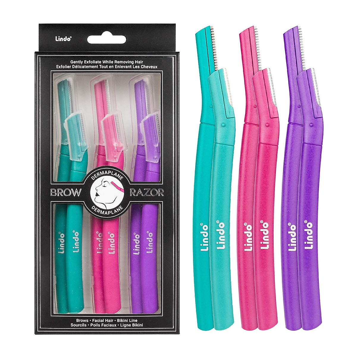 Lindo Brow Razor - Eyebrow Razor & Dermaplaning Tool, Multipurpose, Exfoliation, Face and Peach Fuzz facial Hair Removal dermaplane (6pcs)