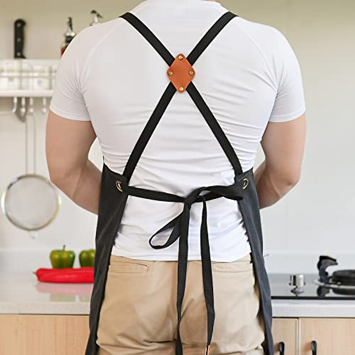 Aoomzoon Canvas Aprons for Men Chef Apron, Work Apron with Large Pockets - Durable 16oz Heavy Duty Cross Back, BBQ, Cooking (Black②, 1 Pack)