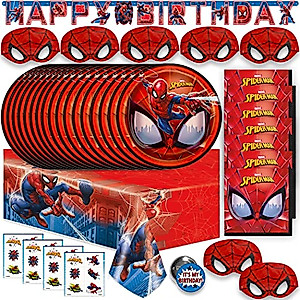 Spiderman Birthday Decorations | Spiderman Party Supplies | Serves 16 Guests | Marvel Superhero Spidey and His Amazing Friends | Table Cover, Spider Man Banner, Plates, Napkins, Masks and Button | For Boys and Girls