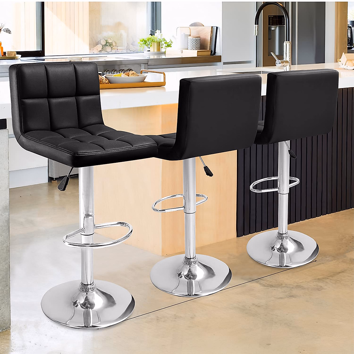 KaiMeng Bar Stools Modern Square Counter Height Barstool 22" to 33" PU Leather Swivel Adjustable Stool with Back Set of 2 for Kitchen Dining (Black)