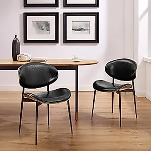 Art Leon Modern Faux Leather Dining Chairs, Mid Century Desk Chair No Wheels, Armless Accent Chair with Black Metal Legs, Set of 2, Black/Walnut
