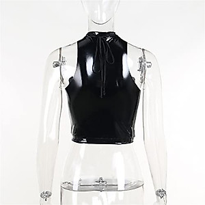 Women Goth Crop Top Black Leather Punk Harajuku Bandage Buckle Vest Hollow Out Halter Neck Camisole