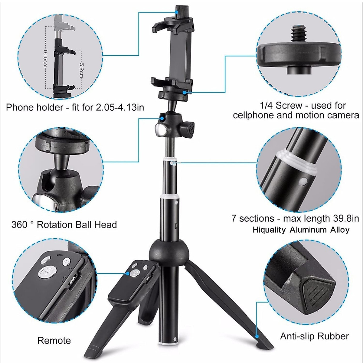 Tripod Monopod Selfie Stick, Long Extendable with Wireless Remote Shutter Control Phone Clip Holder，Compatible with All Cellphones