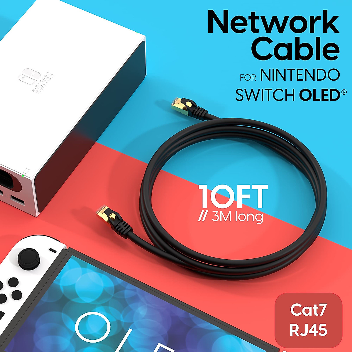 TalkWorks Network Cable Compatible w/Nintendo Switch OLED - 10 ft/3 m Long, Cat7 RJ45 Ethernet Cable-Fast Transmission for Stable Internet Connection & Gaming-Durable Cable for Multiplayer Games
