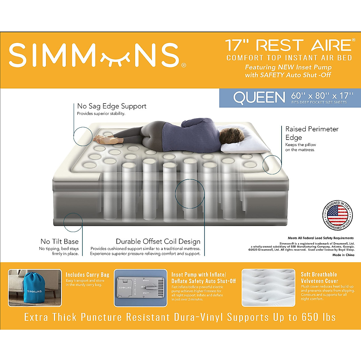 Simmons Rest Aire Mattress Air Bed with Side Built-in Pump and Soft Velveteen Topper, 17" Queen