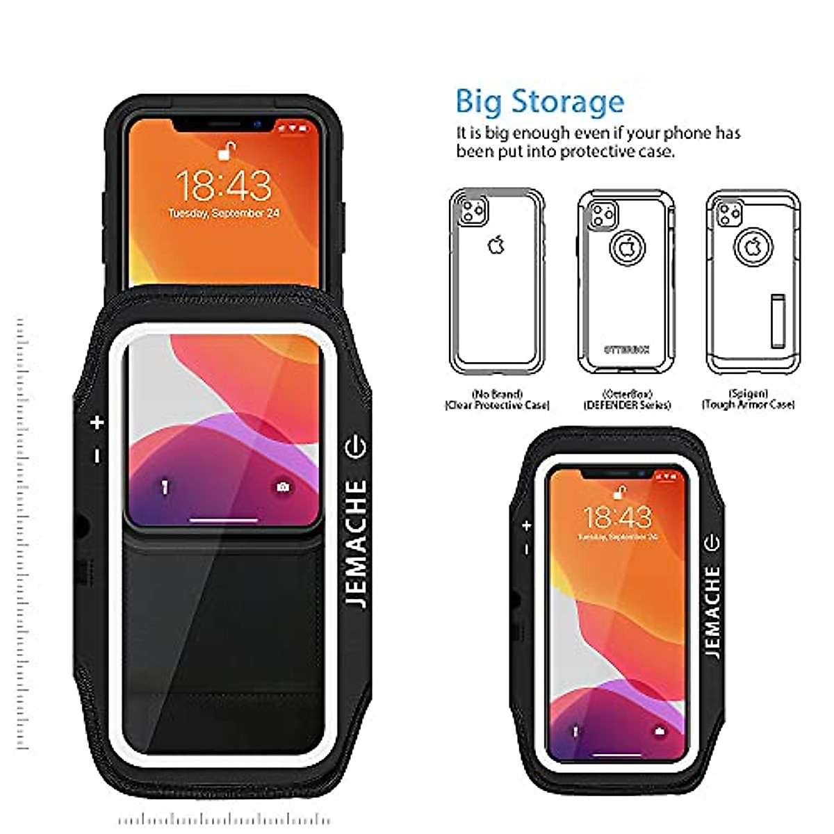 iPhone 14, 13, 12, 11, XR Armband with AirPods Holder, JEMACHE Water Resistant Gym Running Workouts Arm Band Case for iPhone XR, 11, 12, 13, 13 Pro, 14, 14 Pro (Black)