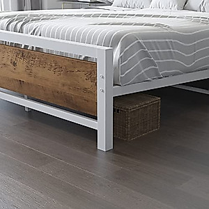 Catrimown Queen Platform Metal Bed Frame with Wooden Headboard and Footboard/Rustic Country Style Mattress Foundation/No Box Spring Needed/Under Bed Storage/Strong Slat Support (White, Queen)