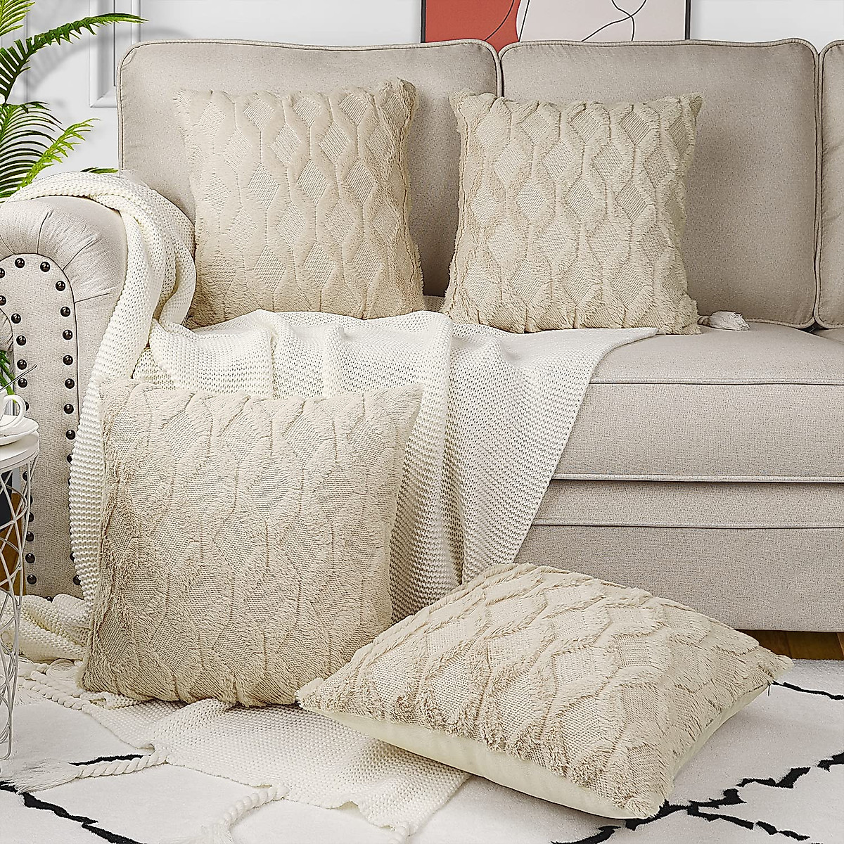 Henzxi Set of 2 Throw Pillow Covers 18x18 Inches Farmhouse Decorative, Square Boho Cushion Case with Faux Velvet Soft Plush Short Wool, Beige