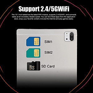 Airshi 10.1 Inch Tablet, Silver Tablet Dual Cameras Speakers 6GB RAM 128GB ROM for Office (US Plug)