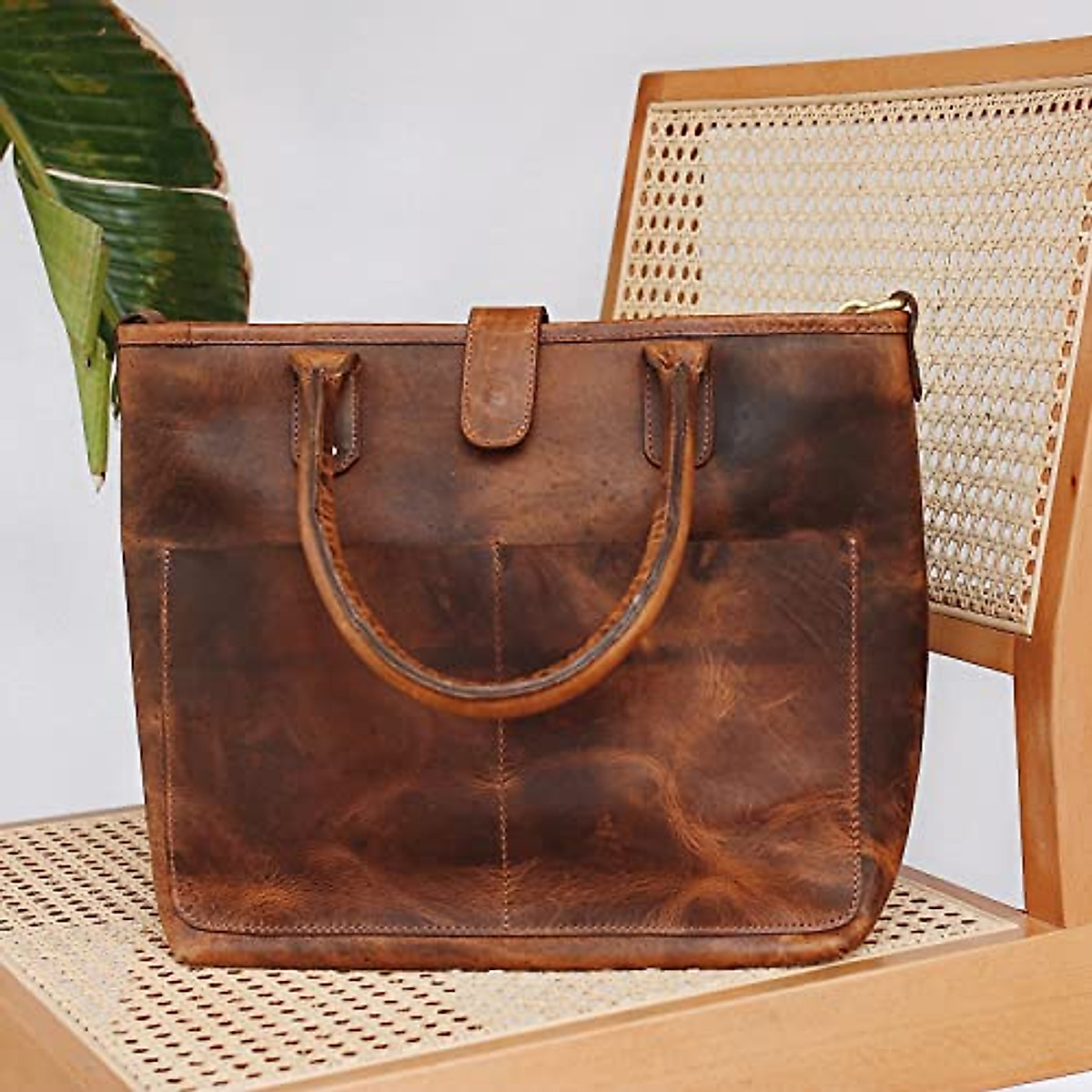 Leather Crossbody Tote Bag Shoulder Bag for Women with Adjustable Strap (Vintage Brown)