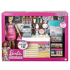 Barbie Coffee Shop with Doll and 20+ Realistic Play Pieces: Coffee Shop, Coffee-Smoothie Maker, Milk, Syrup, Snacks & More; for Ages 3 Years Old & Up - GMW03