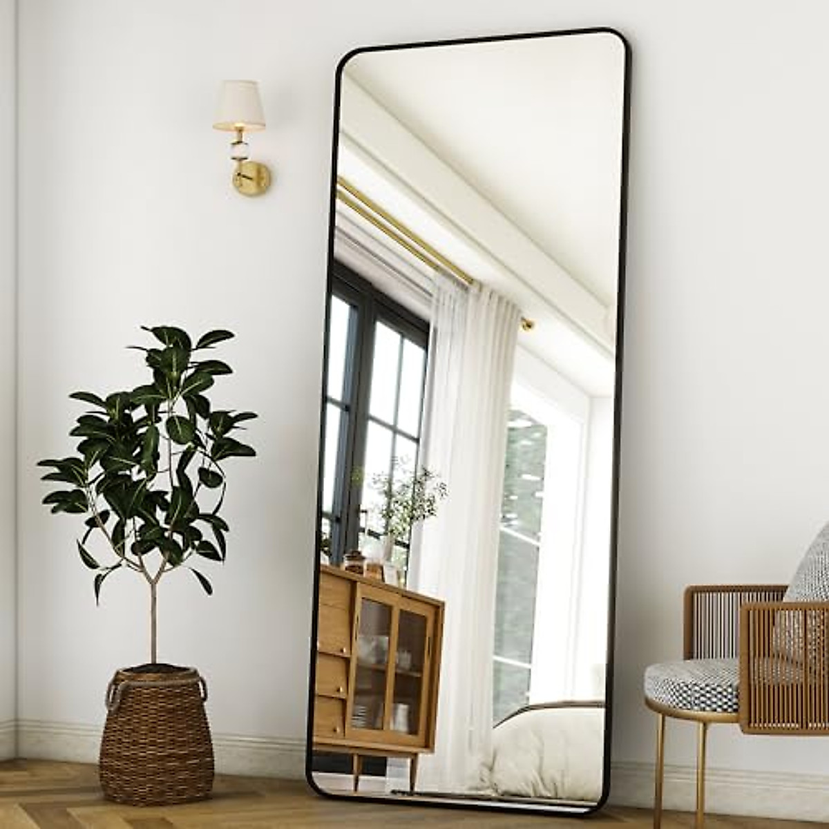 HARRITPURE Full Length Mirror 64"x21" Rounded Corner Aluminum Frame Black Full Body Floor Mirror Rectangle Standing Mirrors for Living Room Bedroom Cloakroom