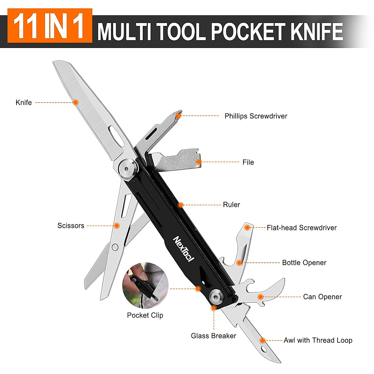 NexTool Multi Tool Pocket Knife, Folding Multitool Knife with Scissors, Screwdriver, Bottle Opener, 11 in 1 Multi-Tool One Hand Accessible with Safety Lokcing for Camping/Emergencies/EDC (Knight)