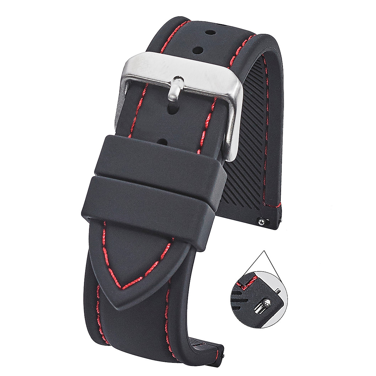STUNNING SELECTION ALPINE Smooth and sporty silicone stitched watch band with quick release spring bars- Black with red stitching - 22mm (fits wrist sizes 6 1/4 to 8 inch)