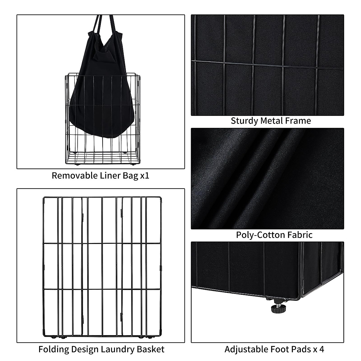 Mxfurhawa Laundry Hamper, 21 Gal (95.4L) Laundry Basket, Collapsible Clothes Hamper, Removable and Washable Liner, Metal Wire Frame,Clothes Basket for Bedroom Bathroom (Black(black))