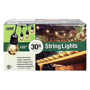 Feit Electric 30ft Outdoor String Lights 15 Sockets, Dimmable, Heavy-Duty Weather Resistant Decorative Outdoor Incandescent String Lights, 20 S14 Incandescent Bulbs Included, Amber Glow