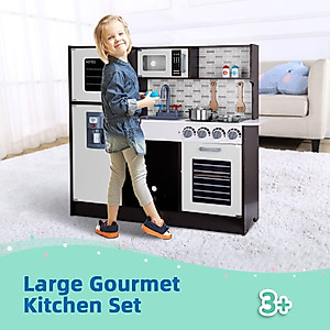 TOOKYLAND Wooden Kitchen Set for Kids, Wooden Chef Play Kitchen for Toddler 3-5 with sink,oven,range Hood,stove,ice maker and microwave, Kids Kitchen Playset for Toddlers 4-8