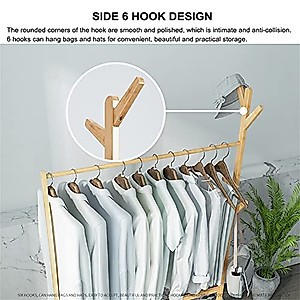 YXDFG Clothing Rack Bamboo Garment Rack,Rolling Clothes Rack,Multifunctional Bedroom Hanging Rack, 4 Layers Wardrobe Storage Shelves with Wheels 6 Hooks