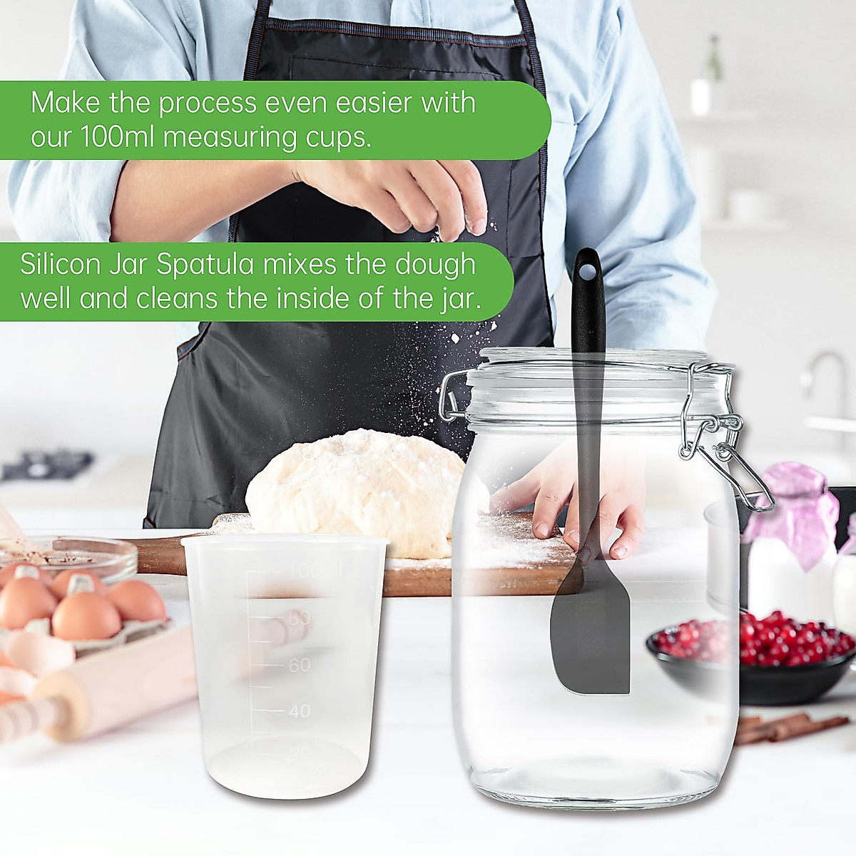 Sourdough Starter Jar Kit 2 Pack, 34 oz. Wide Mouth Sourdough Starter Kit for Sourdough Bread Baking Supplies, Reusable Glass Jars for Sour dough Starter with Thermometer, Silicone Jar Spatula, Labels