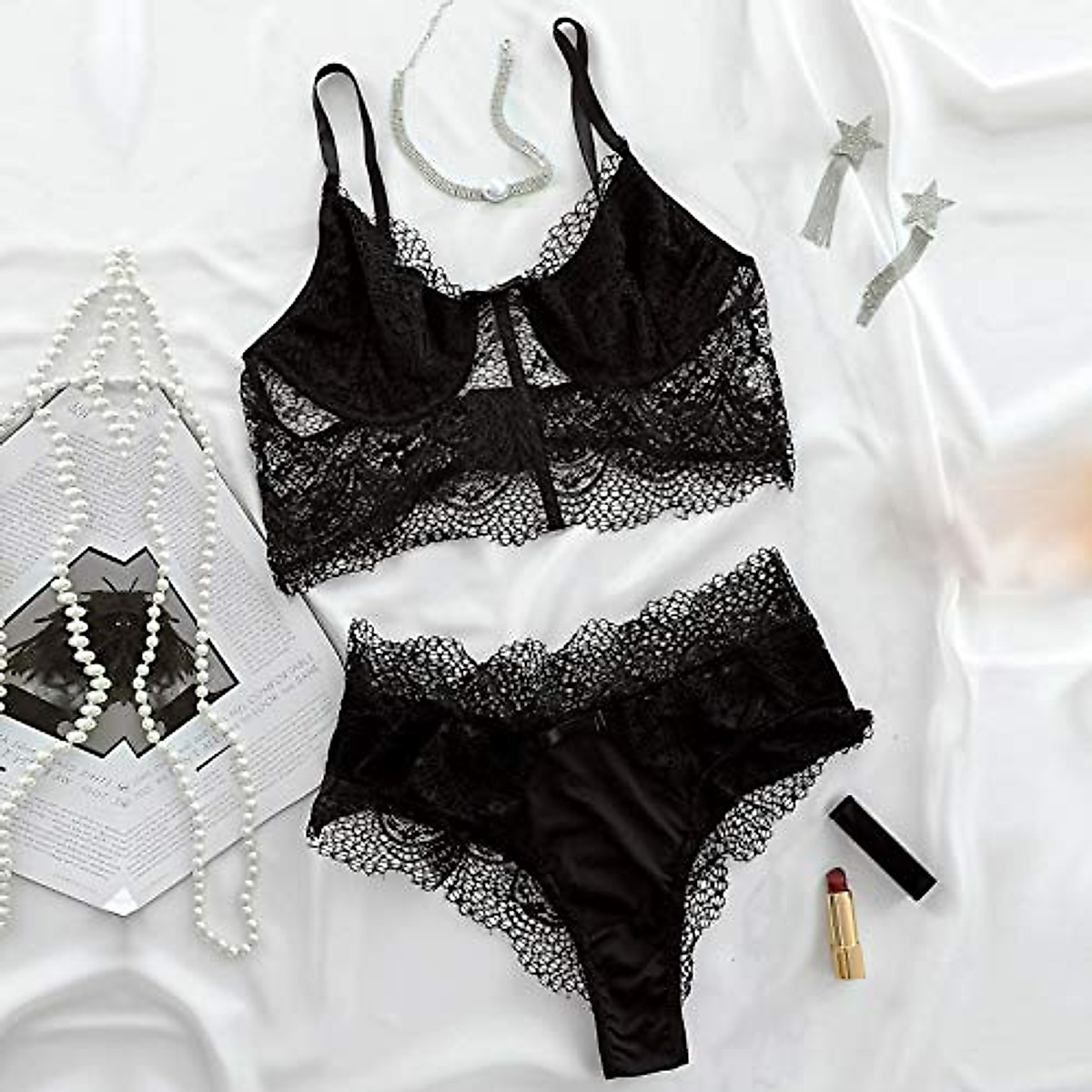 wodceeke Women's Sexy Sling Lace Plus Size Split Lingerie Embroidered Perspective Bodysuit Home Pajamas Set (Black, XXXL)