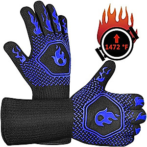 BBQ Fireproof Gloves - Grill Cut-Resistant Gloves 1472°F Extreme Heat Resistant, Silicone Non-Slip Oven Gloves for for Kitchen Garden BBQ Grilling and Outdoor Cooking Campfire