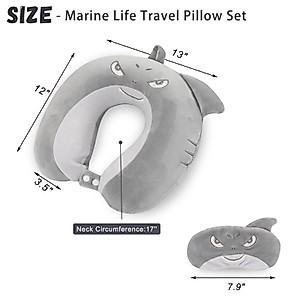 Travel Pillow, Kids Travel Pillow with Sleep Eye Mask Soft Memory Foam Kids Neck Pillow for Boys & Girls, Travel Accessories for Car Airplane Traveling - Shark