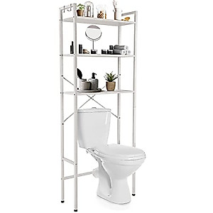 Over Toilet Bathroom Organizer, Likein Tall Over The Toilet Storage Shelf Space Saver for Bathroom Shelves Over Toilet Rack White Metal Frame Wooden Over-The-Toilet Rack with Hooks